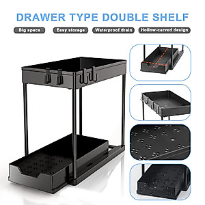 FGSAEOR 2-Tier Under Sink Organizer with Sliding Storage Drawer, Multi-Purpose Bathroom Cabinet Organizer Baskets, Kitchen Under Sink Storage Rack with 4 Hooks and Handle (Sliding-Black)