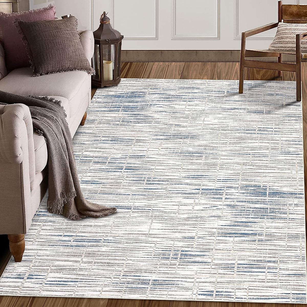 ROYHOME 8x10 Bedroom Rug Geometric Large Living Room Area Rug Indoor Washable Rug Non-Slip Stain Resistant Throw Floor Carpet Modern Abstract Dining Room Rug Boho Accent Rug for Home Office, Blue