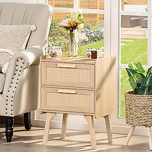 Lerliuo Rattan Nightstand, Boho Night Stand with 2 Drawers, Cane Accent Side End Table, Bedside Table with Solid Wood Legs for Bedroom, Dorm and Small Spaces (Natural)