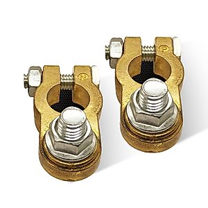 Hawyet 2 PCS Car Terminals Connectors Clamps, Brass Terminal Protector Set, Universal Terminal End Clamp Set for Marine Car Boat RV Vehicles (Gold)