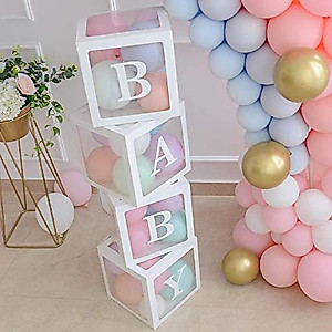 Baby Shower Boxes Party Decorations – 4 pcs Transparent Balloons Boxes Décor with Letters, Individual BABY Blocks Design for Boys Girls Baby Shower Decorations Gender Reveal Bridal Showers Birthday Party Backdrop