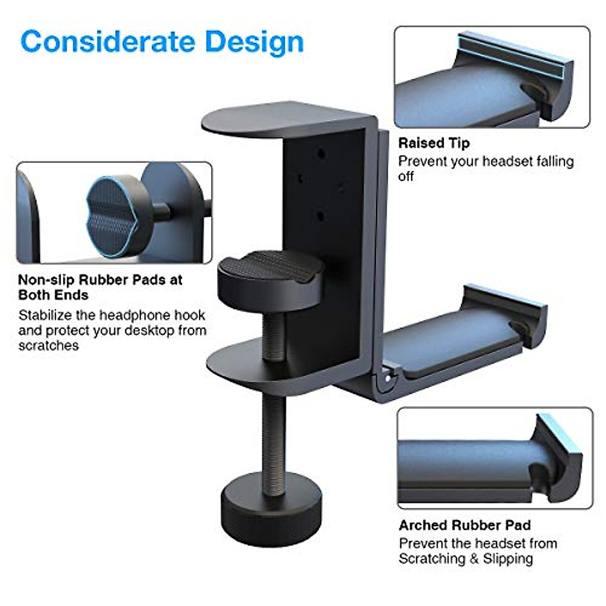 6amLifestyle Foldable Headphone Stand Hanger Hook Under Desk with Cable Organizer Save Space Metal Headset Holder Clamp for Universal Wireless and Wired Headphones Gaming PC Headsets, 6A-1203BK