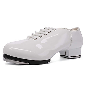 SWDZM Women's & Men's & Kid's Jazz Tap Dance Shoes Tap-Flex Patent Leather Tap Shoe,WXLDD-Tap,White,10.5 US