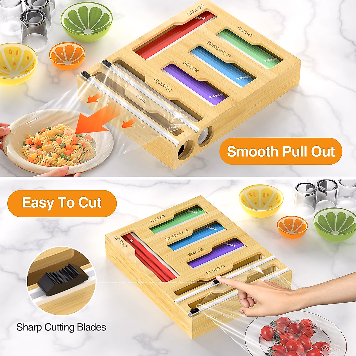 HOSTENU 6 in 1 Storage Bag Organizer for Kitchen Drawer, Bamboo Foil and Plastic Wrap Dispenser with Cutter, Food Baggie Organizer for Drawer, Plastic Bag Organizer for Gallon, Quart, Sandwich, Snack