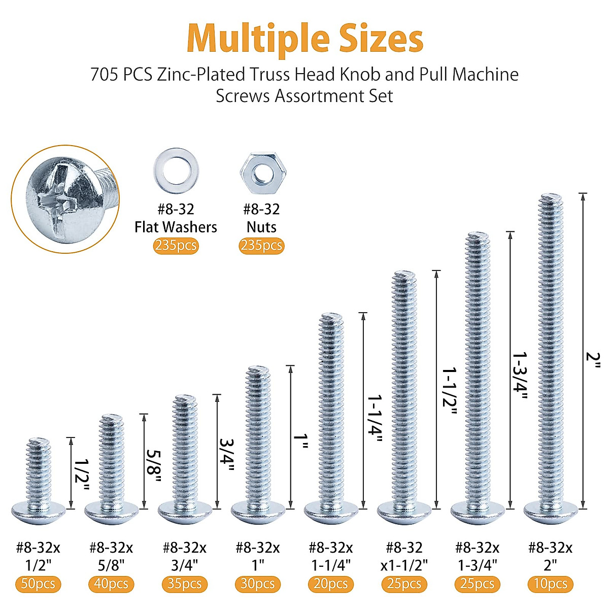 VIGRUE 705PCS #8-32x1/2 to #8-32x2 Machine Screws 8/32 Knob/Pull Screws Bolt Nut Flat Washers Zinc-Plated Steel Phillips Machine Screws Assortment Kit, Cabinet Door and Drawer Screws