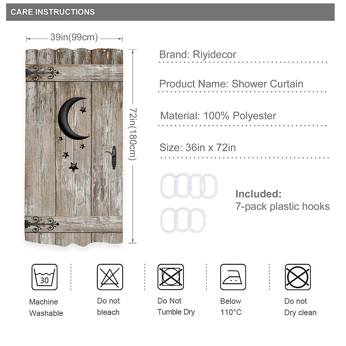 Riyidecor Rv Half Barn Door Shower Curtain 36Wx72H Inch Small Stall Country Single Shower Curtains Rustic Door Curtains Farmhouse Moon Star Farm Bathroom Decor Fabric Polyester Waterproof 7 Pack Hooks