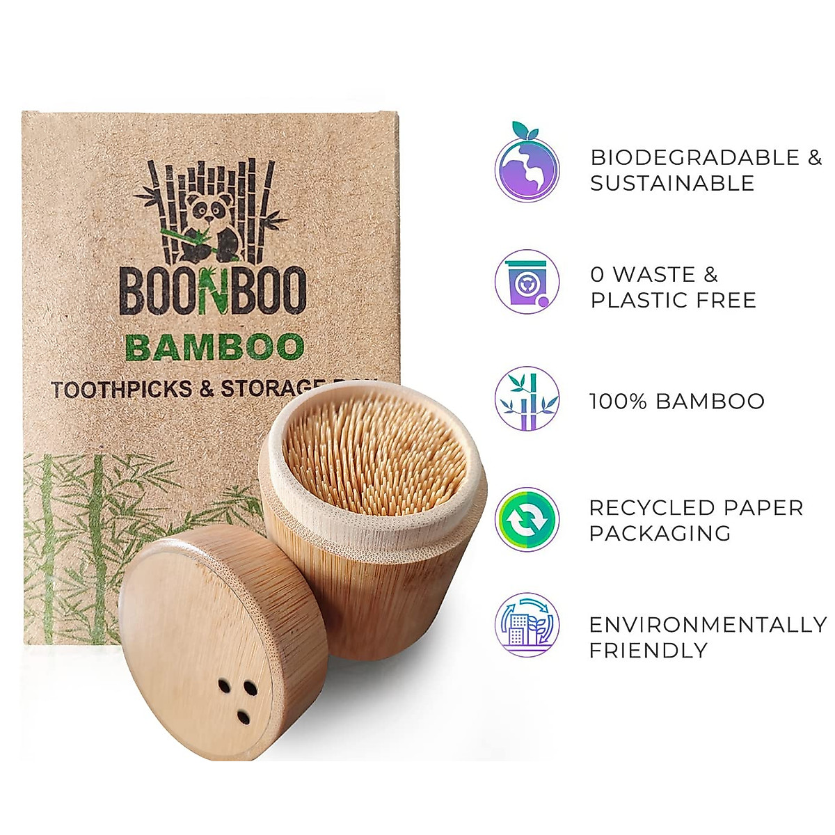 BOONBOO Bamboo Toothpicks and Holder, Double-Sided, 450 Counts