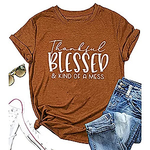 Thankful Blessed and Kind of A Mess T Shirt for Women Thanksgiving Shirts Short Sleeve Fall Tops Tees (Orange, XX-Large)