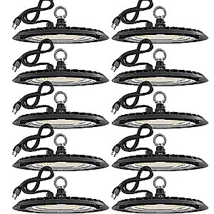 Sunco 10 Pack UFO LED Plug & Play High Bay Light, Lighting for Warehouse, 5000K Daylight, 150W, Power Cord Included, 19500 LM, 120VAC, IP65 Waterproof Shatterproof Fixture - UL Listed