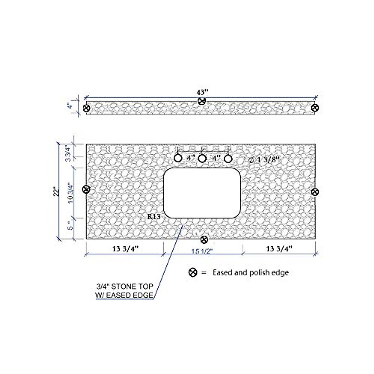 Montary 43"x 22" Bathroom Vanity Top Lightning White Engineered Marble Stone 3 Pre-Drilled Hole Vanity Top with Undermount Ceramic Sink and Backsplash (Not included Faucet)