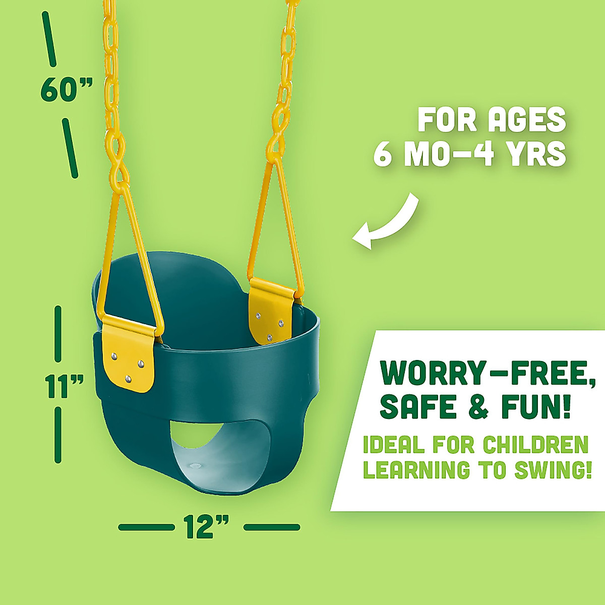 Deluxe High Back Full Bucket Toddler Swing with Exclusive Chain & Triangle Dip Pinch Protection - Green - Squirrel Products