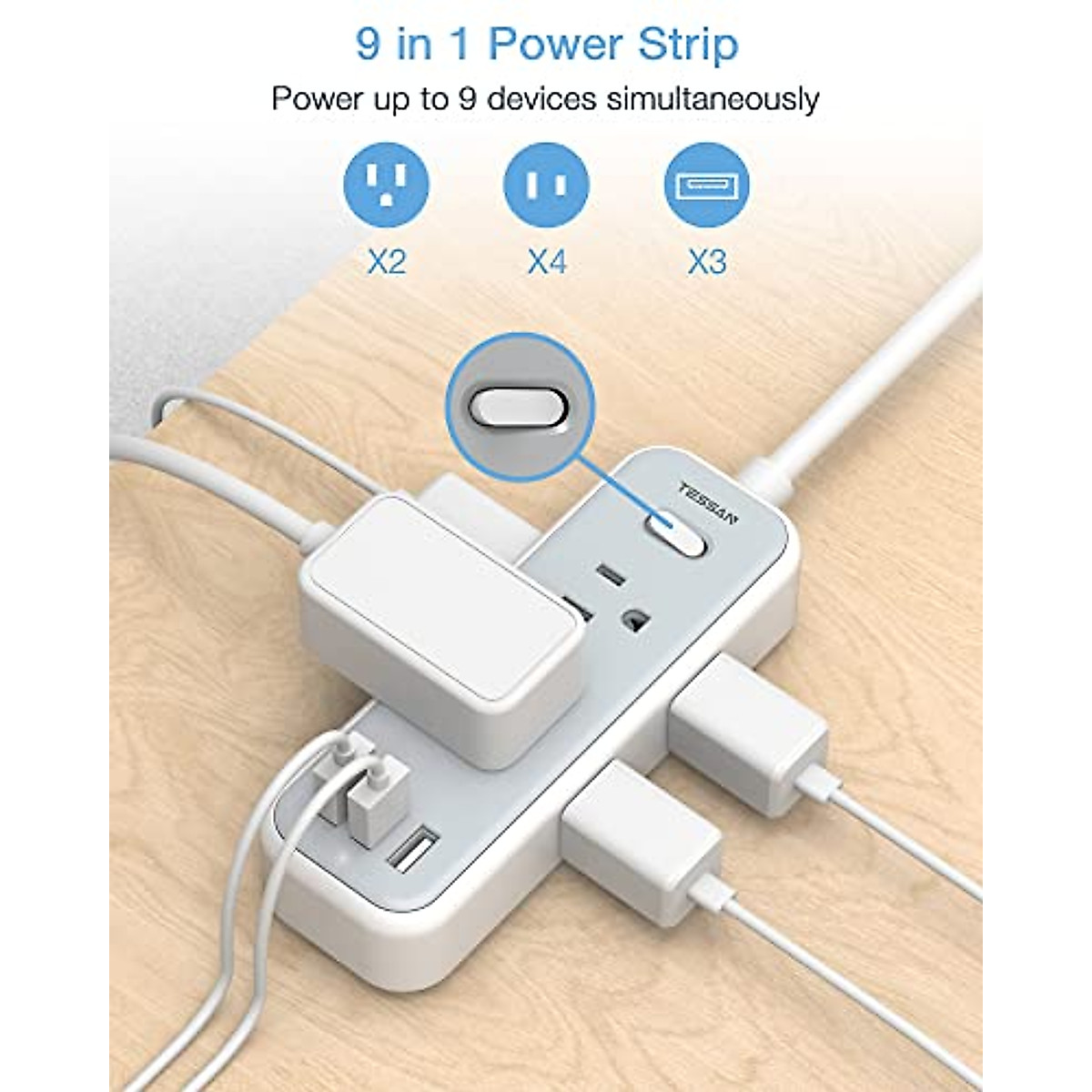 Small Power Strip with 3 USB Ports, TESSAN Flat Plug Extension Cord 6 Feet, Mini 6 Outlets Portable Nightstand Desktop Charging Station for Travel Dorm Room Cruise Ship Essentials