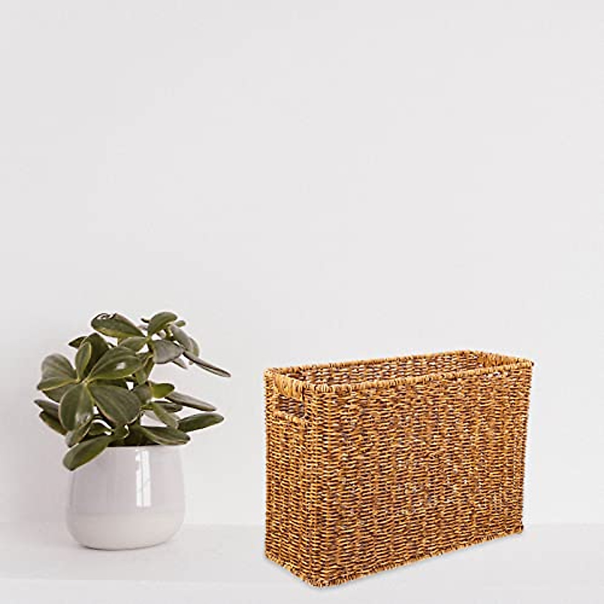 DOITOOL Rattan Storage Basket Simulation Woven Magazine Files Book Holder Rectangular Basket Bin Laundry Tote Basket for Bedroom Living Room Home