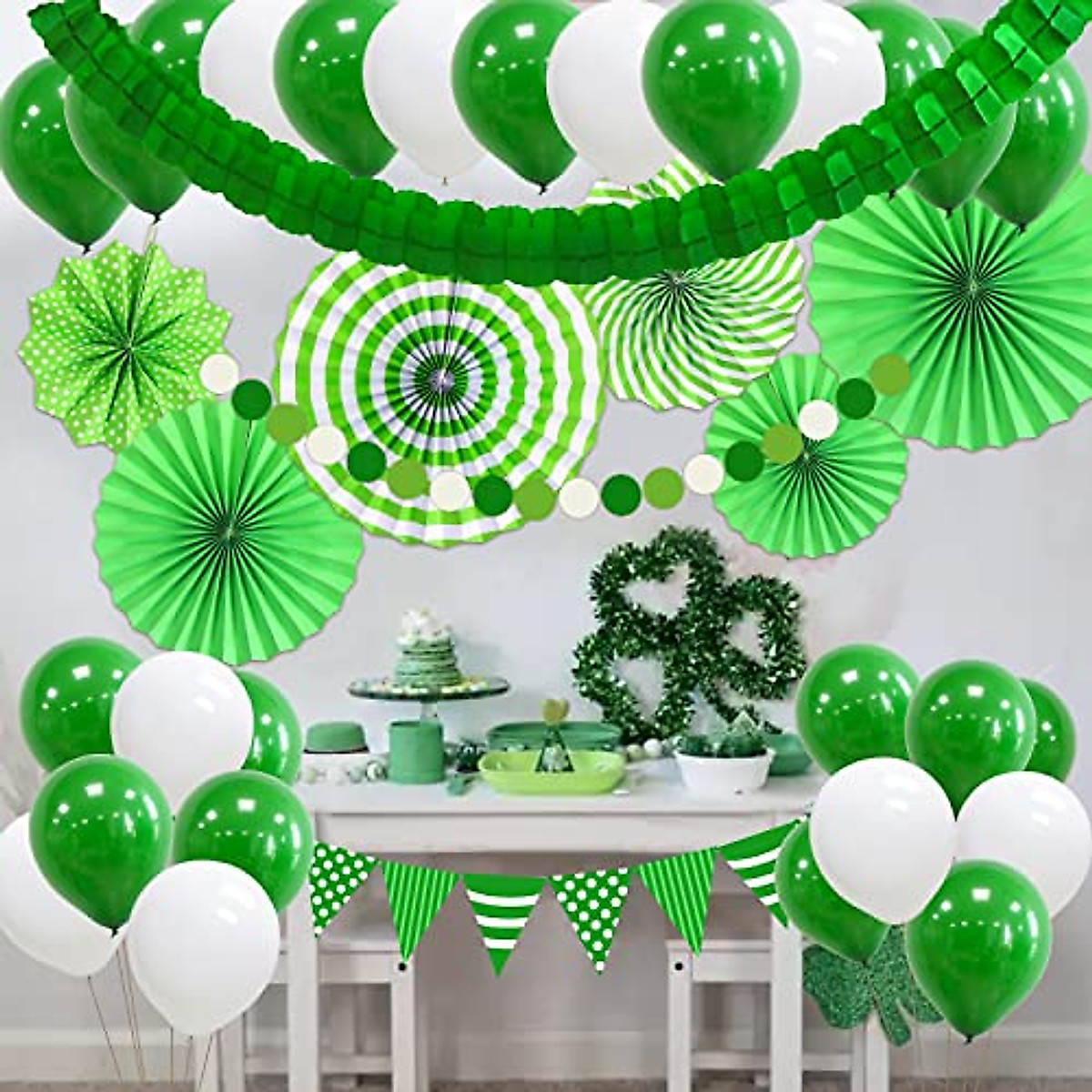 Green Party Decorations - Green Hanging Triangle Flags Banner Round Garland Four-Leaf Clover Garland Paper Fans Balloons for Men Women Birthday St Patrick's Day Decorations Graduation Baby Shower