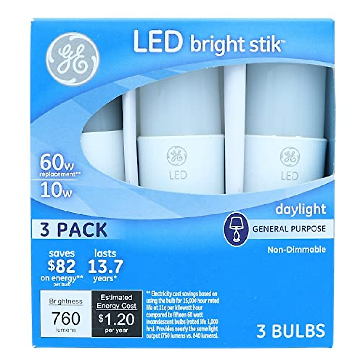 GE Lighting 79369 LED Bright Stik 10-watt (60-Watt Replacement), 760-Lumen Light Bulb with Medium Base, Daylight, 1 Box (3 Bulbs Total)