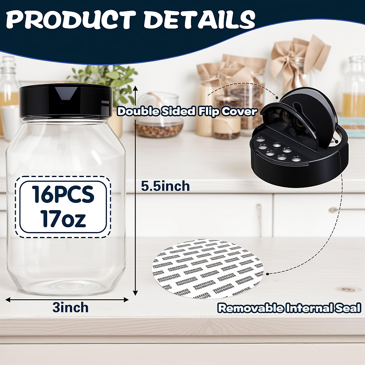 ZILAMGOO Dicunoy 16-Pack 17oz Plastic Spice Containers with Shaker Lids - Reusable Airtight Food Storage Jars for Spices, Powder, Bulk Pantry Organization (Clear PET, 500ml)