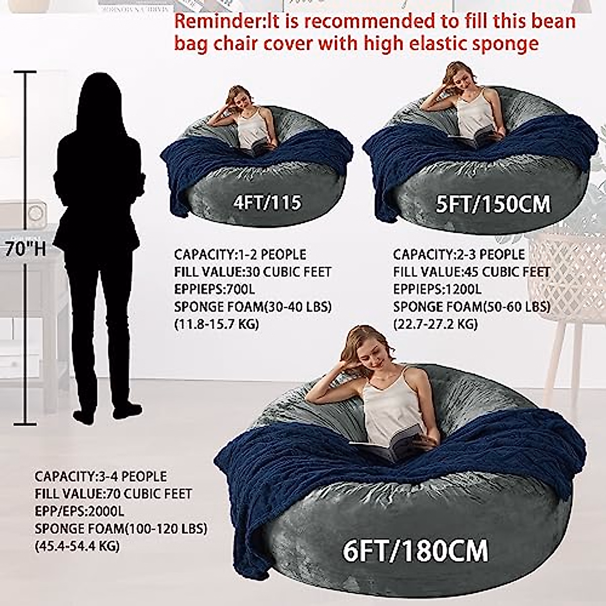 XIECUVA Bean Bag Chair Cover (Not A Full Bean Bag), Large Round Soft Fluffy Ultra-Fine Fiber Velvet Sofa Bed Cover, Lazy Sofa Bed Cover, 5ft Dark Grey (Cover Only, No Filler)