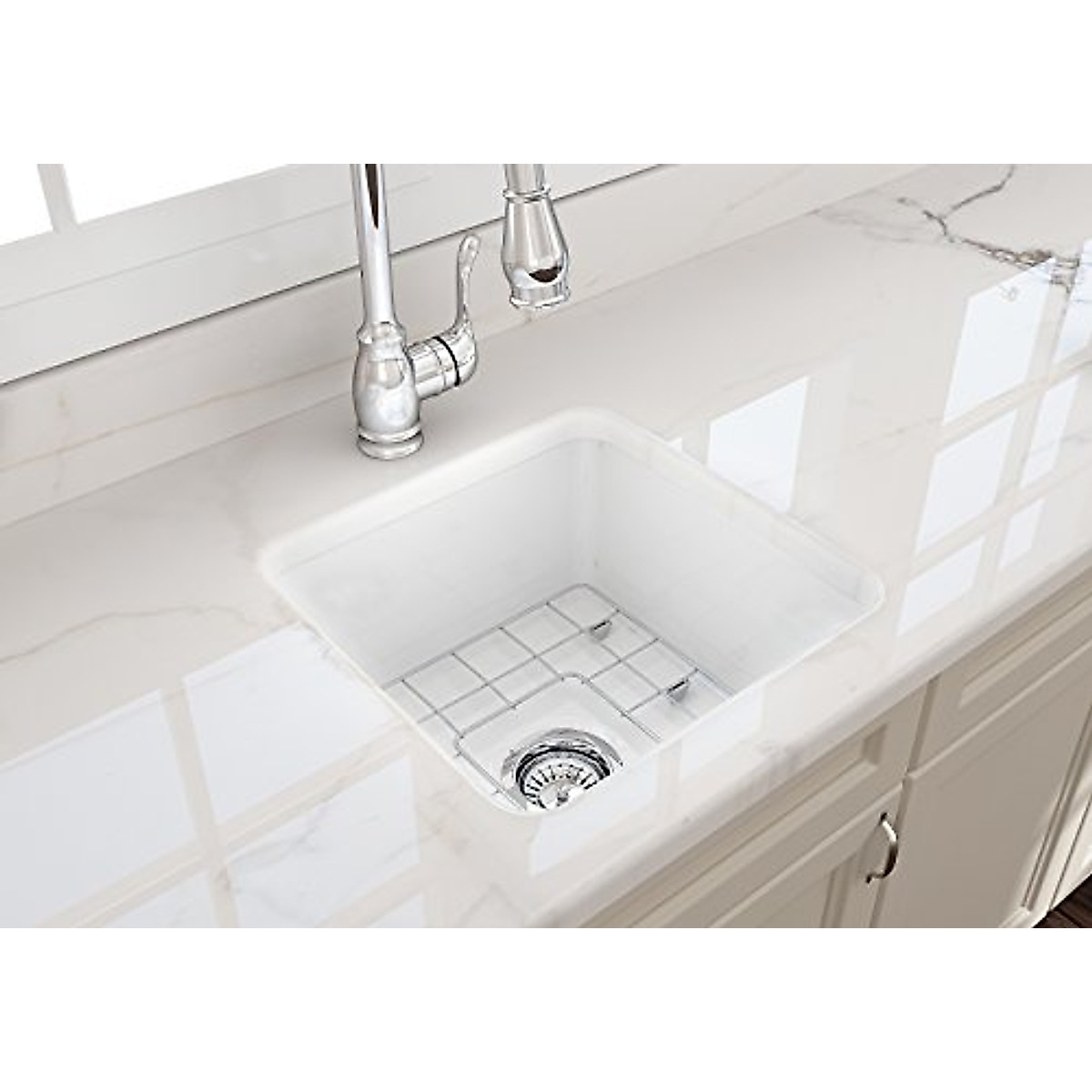 BOCCHI Sotto Dual-Mount Fireclay 18 in. Single Bowl Bar Sink with Protective Bottom Grid and Strainer in White