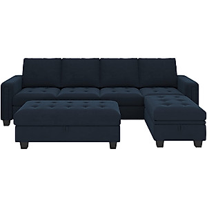 Belffin Velvet Convertible 4-Seat Sectional Sofa with Reversible Chaise L Shaped Sofa Couch Furniture Sets Sectional Couch with Storage Ottoman Blue