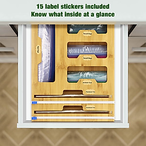 Wattne Bag Storage Organizer for Kitchen Drawer & Wrap Dispenser with Cutter, 6 in 1 Bamboo Organizer Compatible with 12" Aluminum Foil Roll, Suitable for Gallon, Quart, Sandwich Bags, Roll etc