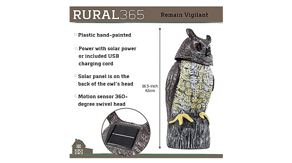 Rural365 Solar Owl Decoy Bird Deterrent - Humane & Eco-Friendly Protection