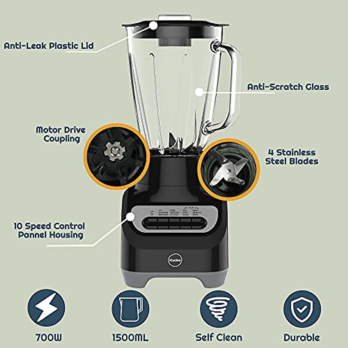 iCucina Countertop Smoothie Blender for Kitchen with 48 oz Glass Jar, 700W Professional Glass Blender for Shakes and Smoothies, Frozen Fruits, Baby Foods, 12-Speed for Mix, Puree, Ice Crushing and Easy Clean, Black, Licuadoras