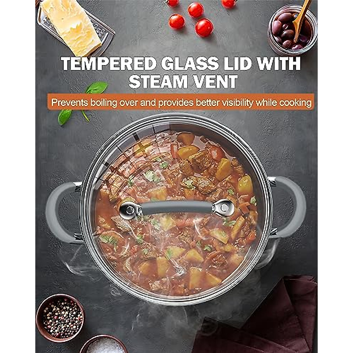 Cook N Home Stainless Cookware Sets Basic Pots and Pans, 12-Piece, Stainless Steel Grey Silicone Handle