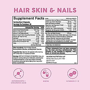 Bloom Nutrition HSN Capsules with Vitamin A, B, C, D, E, Biotin, Folic Acid, & Collagen | Hair Skin and Nails Supplement | Vegan Friendly, Gluten Free, Non-GMO | 60 Count