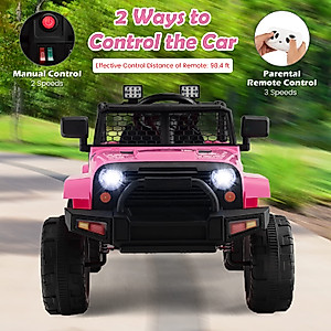 Costzon Ride on Car, 12V Battery Powered Electric Vehicle w/Parent Remote Control, Spring Suspension, Storage, 3 Speeds, LED Light, MP3, Music, USB & AUX Port, Safety Belt, Kids 4 Wheeler Truck, Pink