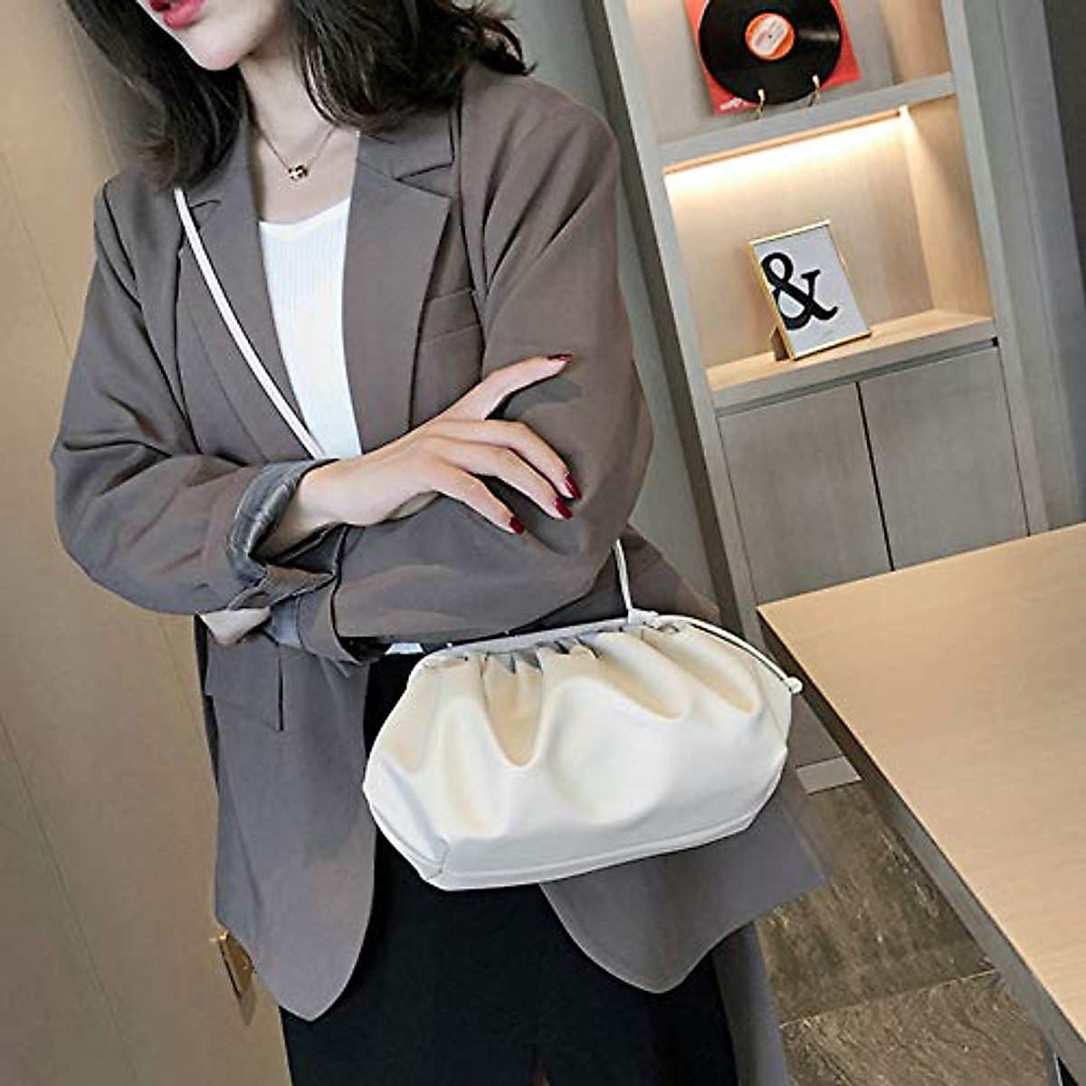 KOOIJNKO Womens Pouch Dumpling Crossbody Bag Cloud Handbag Soft Clutch Purse Shoulder Bag, White