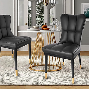 Bekrvio Set of 4 Leather Dining Room Chairs, Light Luxury Modern Kitchen Chairs with Waffle Stitch High Back, Upholstered Side Chair Solid Metal Legs for Kitchen Living Room, Dinning Room (Black)