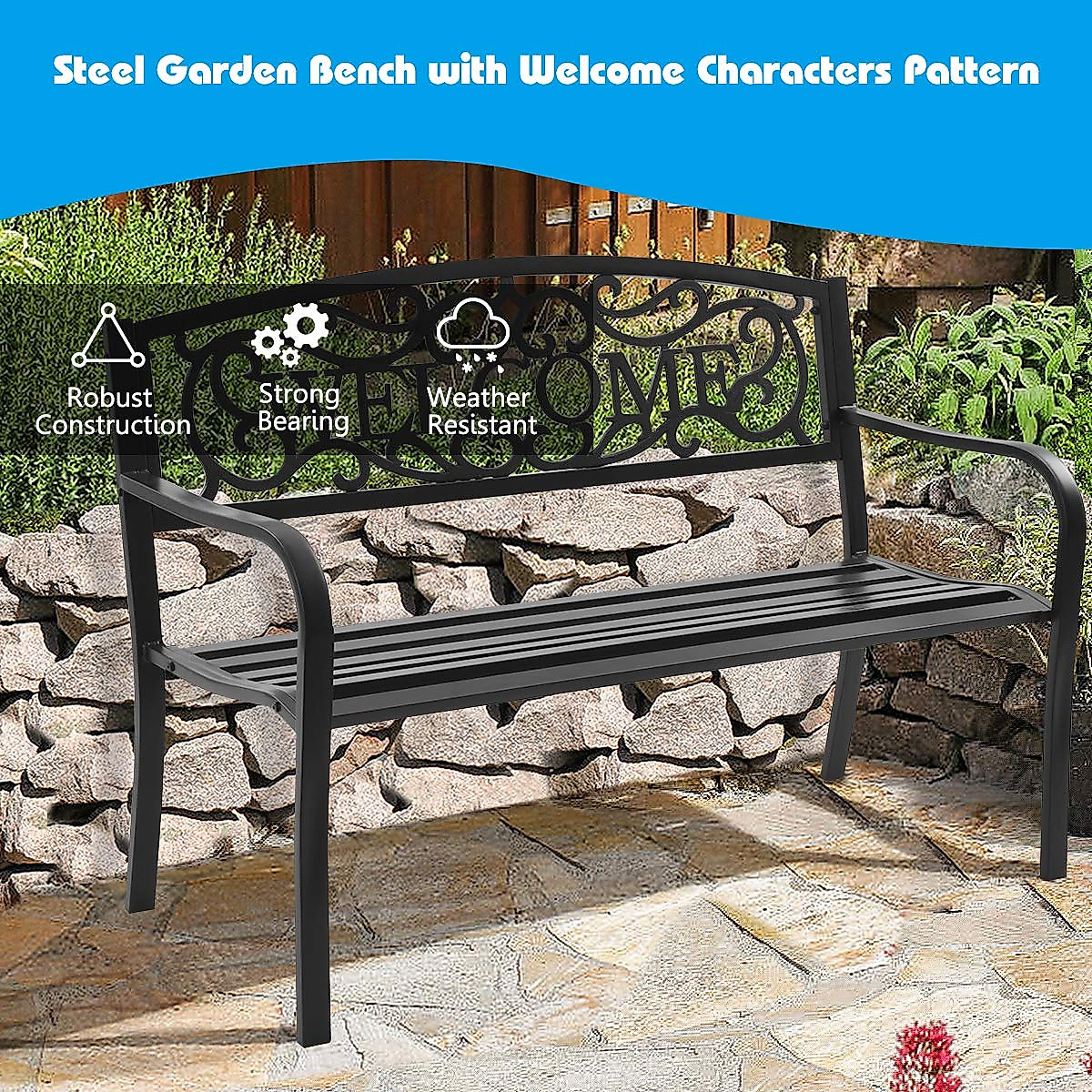 Giantex Garden Bench, Antique Metal Outside Bench w/Warm Welcome Pattern, Elegant Bronze Finish and Durable Iron Frame for Park Yard Porch Chair (Black)
