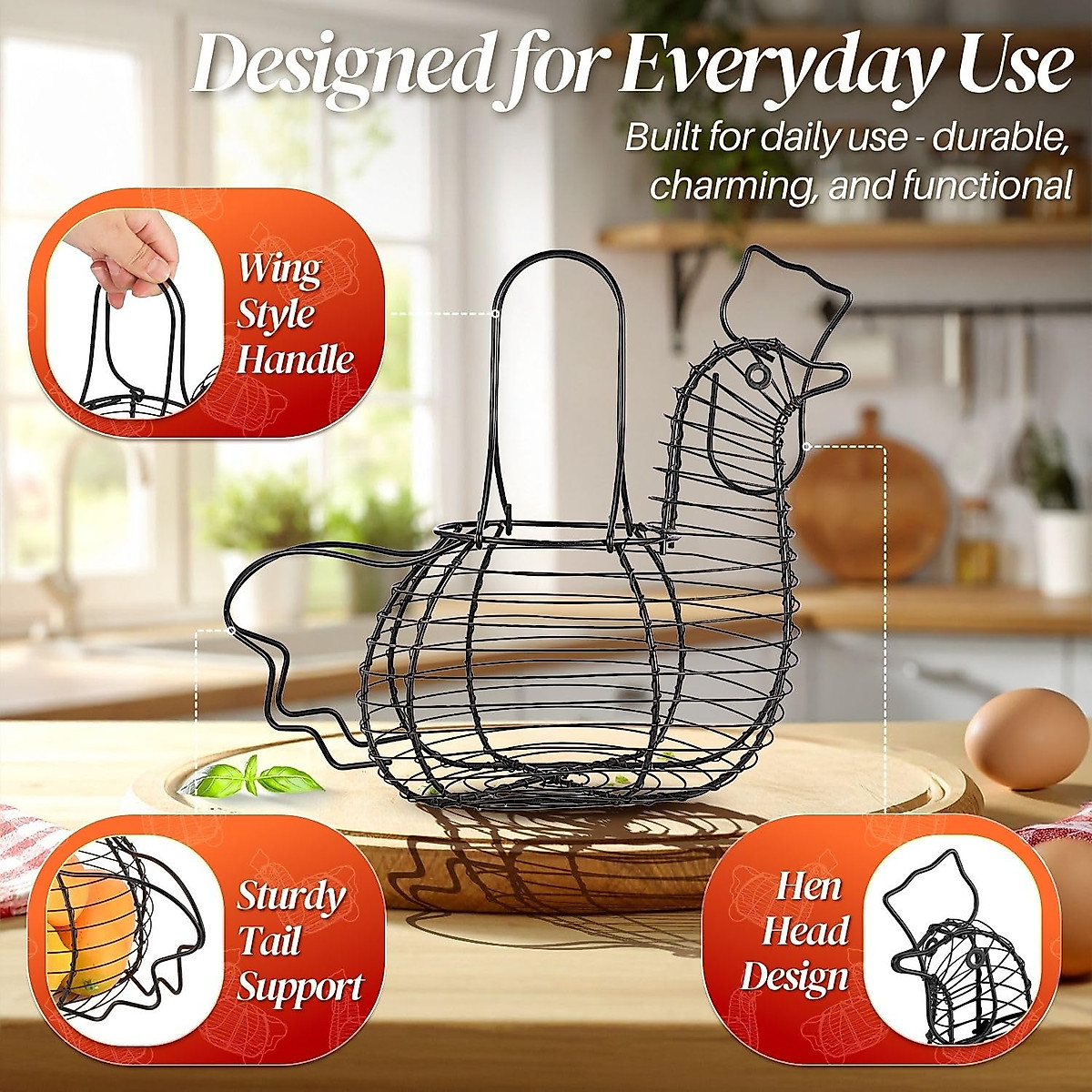 Flexzion Chicken Egg Holder, Small Wire Egg Collecting Basket with Handle for Farm Eggs, Fruits, Vegetables, Metal Wire Chicken Basket Decor for Kitchen, Countertop, Farmhouse Rustic Style, Black