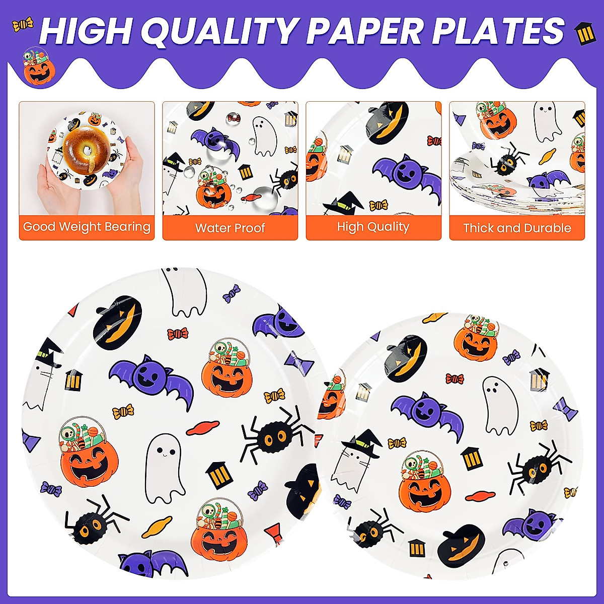 96PCS Happy Halloween Paper Plates and Napkins Set, Halloween Theme Party Decorations Set Include Paper Plates, Napkins, Forks Disposable Tableware Supplies for Kids Halloween Party, Serves 24