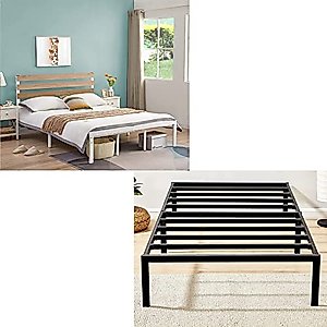 GreenForest Bed Frame Queen Size with Wooden Headboard Platform Bed with Metal Support Slats and Twin Bed Frame Tool-Free Assembly Metal Platform