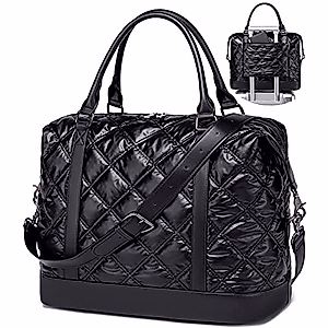 LEDAOU Weekender Travel Overnight Bag Women Ladies Quilted Carry On Tote Duffle Bag with Luggage Sleeve (Quilted Black)