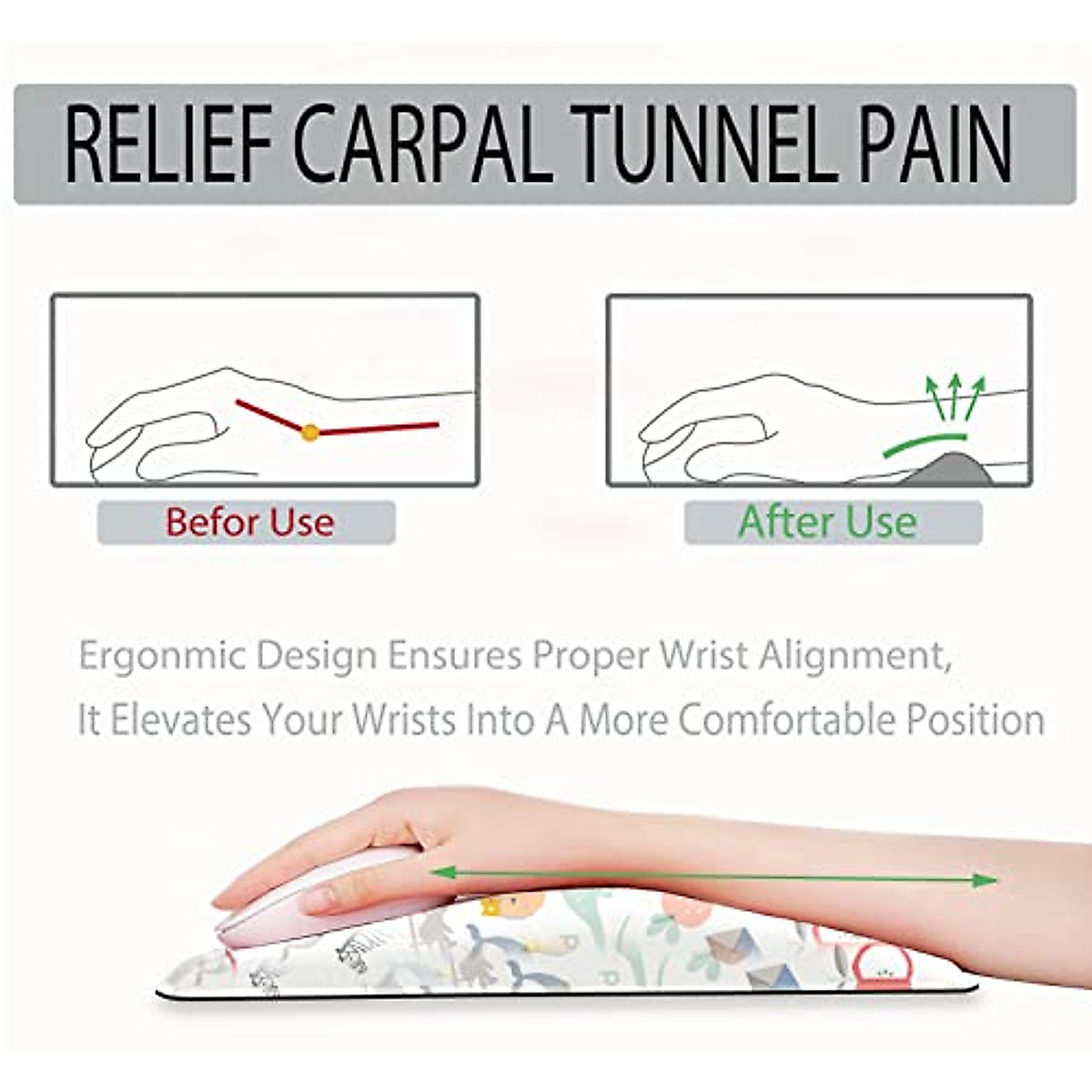 Ergonomic Mouse Pad Wrist Support Carpal Tunnel Mouse Pads Animals Memory Foam Mouse Mat with Non-Slip Rubber Pretty Mouse Pads for Computers Laptop Gaming Office Home