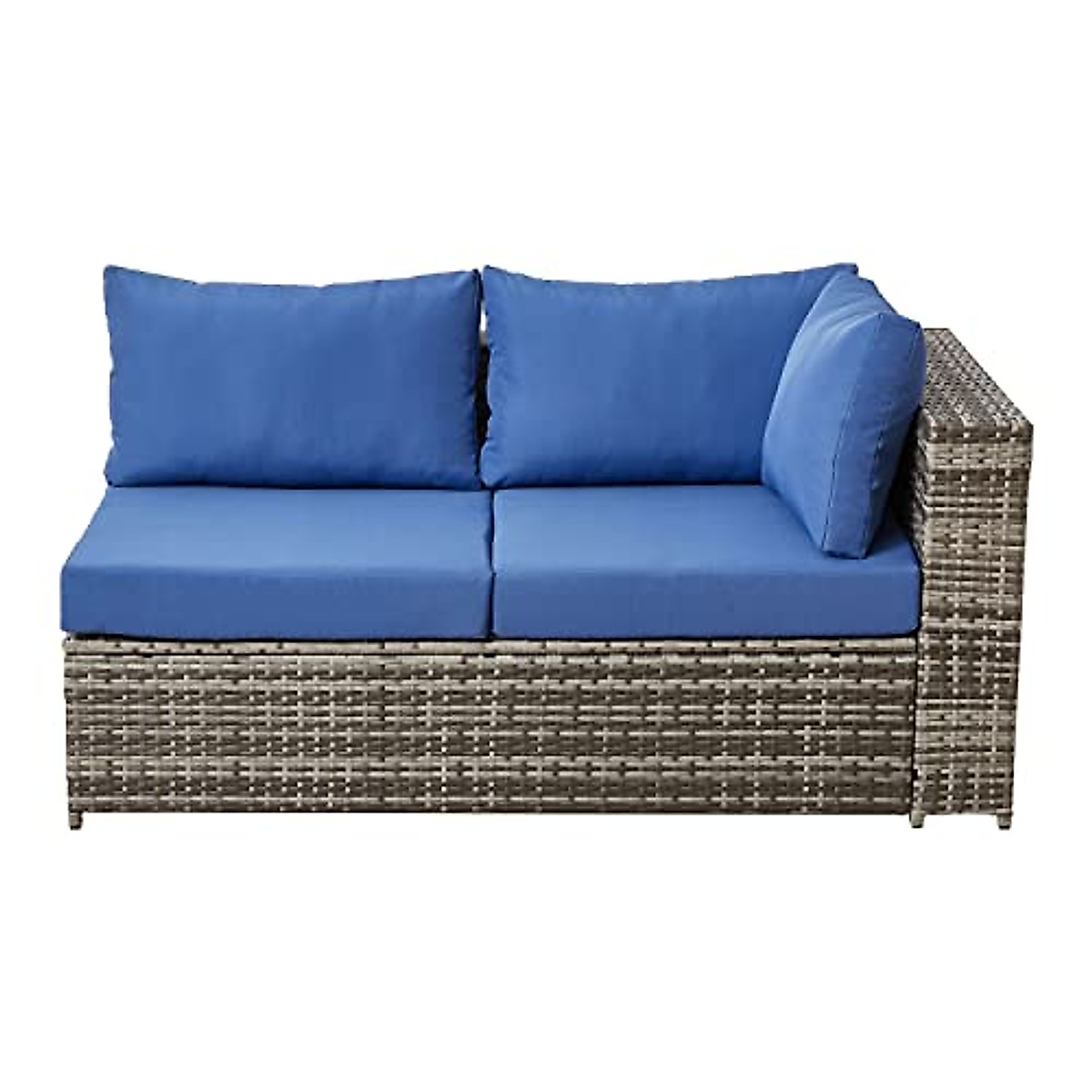 MOLIXXES 4 Pieces PE Wicker Outdoor Sofa Couch Sectional Patio Set,Patio Furniture Sectional Sofa with Ottoman, Glass Table, Pillow,Gray Rattan Blue Cushion