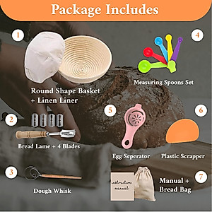 T & T HOME Handmade Banneton Bread Proofing Basket Set, 2 Round 10 Inch Baskets with Linen Liner, Dough Scraper, Bread Lame, Measuring Cup and Spoon, Sourdough Baking Starter Kit