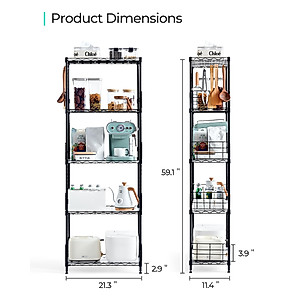 LINSY HOME Upgrade 5-Tier Storage Shelves, Height Adjustable Pantry Shelves with 5 Hooks & Shelf Liners, Metal Shelves for Storage, Storage Shelf Heavy Duty for Living Room, Kitchen, Bathroom
