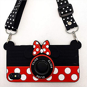 for iPhone XR Case Cute iPhone XR Case Minnie 3D Carton Camera with Rotating Ring Grip Holder Kickstand Lanyard Teens Girls Women Kids Soft Silicone Rubber Phone Case Cover for iPhone XR -6.1" (XR)