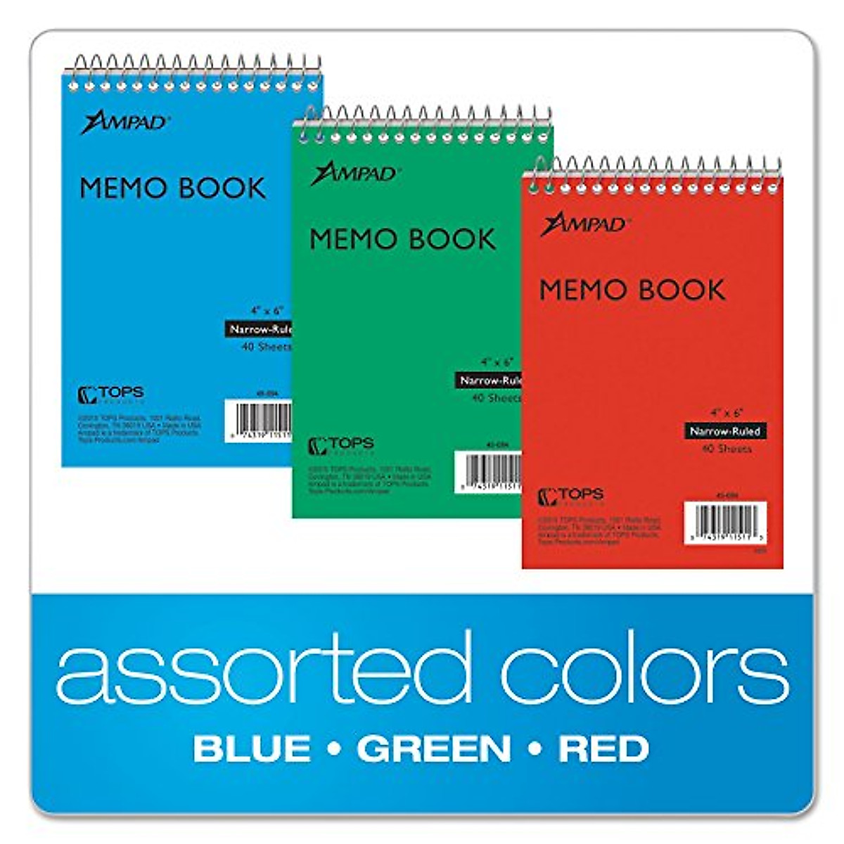 Ampad Efficiency Pocket Notebook, Recycled, 4 X 6 Inches, Single Wire, Top Open, Assorted Covers,3 Notebooks per Pack, Red/Blue/Green (45-094)