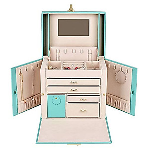 SANSREPONSE Jewelry Box Large Organizer Faux-Leather with Mirror Drawers Lock Gift for Women (TF Blue-L)