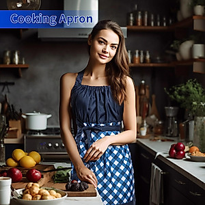 Alex Virtue Lovely Flower Pattern Retro Aprons With Large Pockets for Women Girls Cooking Kitchen Bakery Mother's Gift (Blue Plaid)