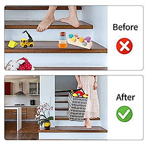 Foldable Stair Basket with Leather Handles, Staircase Storage Box Organizer for Laundry Home and Office Decor (Dark Blue Line)