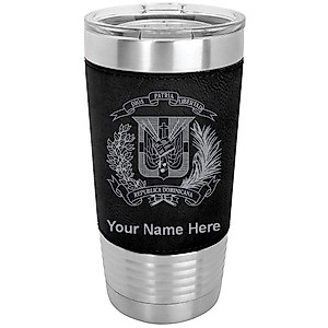 LaserGram 20oz Vacuum Insulated Tumbler Mug, Coat of Arms Dominican Republic, Personalized Engraving Included (Faux Leather, Black)