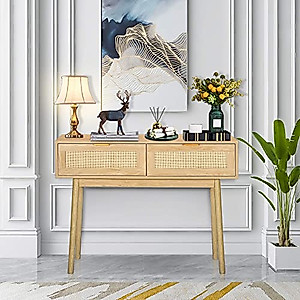 LAZZO 39" Console Table, Oak Grain Sofa Table with Wood Frame, Rustic Hallway Table with 2 Bamboo Weaving Storage Drawers for Foyer Living Room Entryway