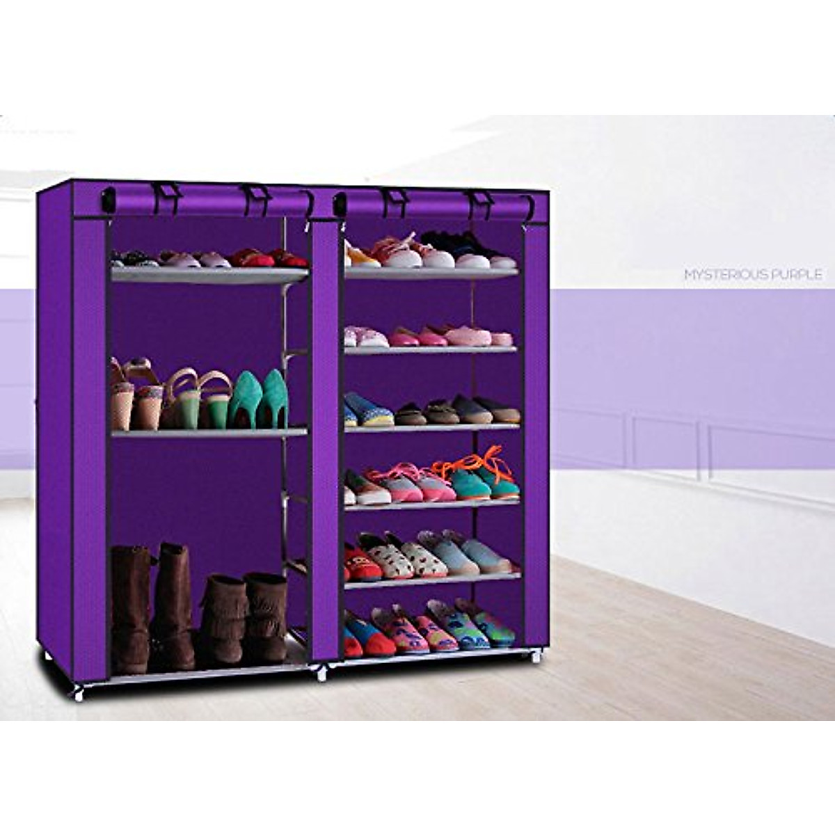 6 Tier Shoe Rack with Dustproof Cover, 30 Pairs Portable Vertical Double Row Shoe Rack Storage Organizer with Nonwoven Fabric Cover Cabinet for Closet & Entryway, Purple
