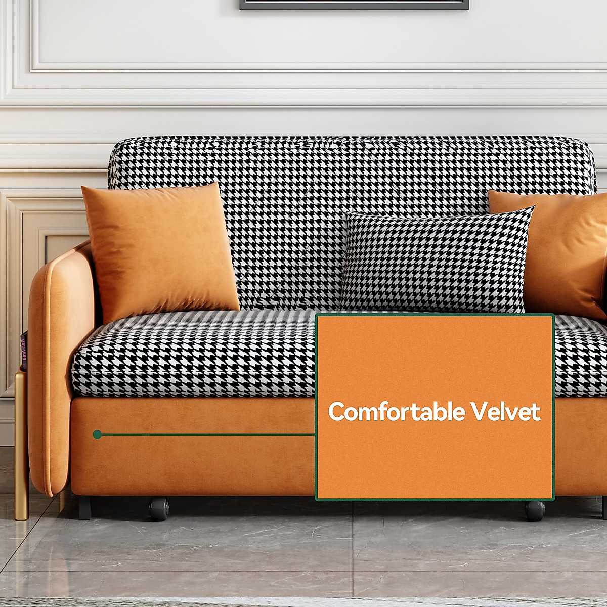 53.5" Full Sleeper Sofa Orange Upholstered Convertible Sofa Bed 3 in 1 Sleeper Sofa Couch Bed, Small Tufted Velvet Convertible Loveseat Futon Sofa w/Pullout Bed, Multi-Pockets for Living Room