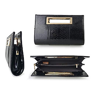 HOXIS Classic Crocodile Pattern Faux Patent Leather Metal Grip Cut it out Clutch with Shoulder Strap Womens Handbag(Black)